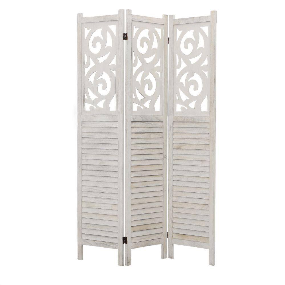 THE URBAN PORT 67 In. Washed White 3 Panels Paulownia Wood Divider ...
