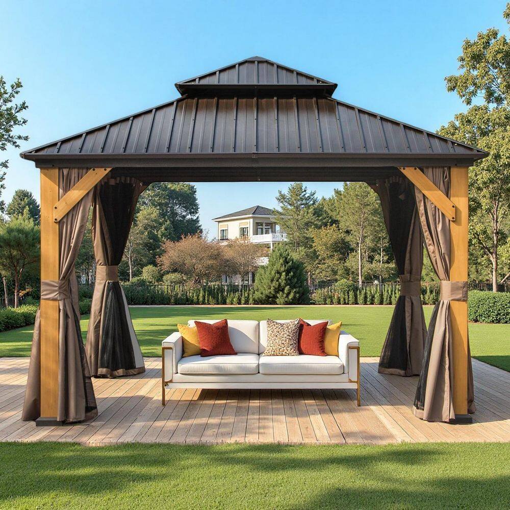 ToolCat 12 ft. x 12 ft. Brown Outdoor Cedar Wood Frame Canopy with ...