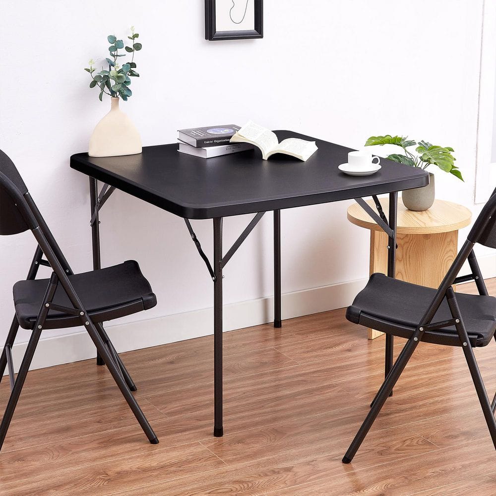 VECELO Folding Card Table Square with Mesh Bag, Black 35 in. Portable ...