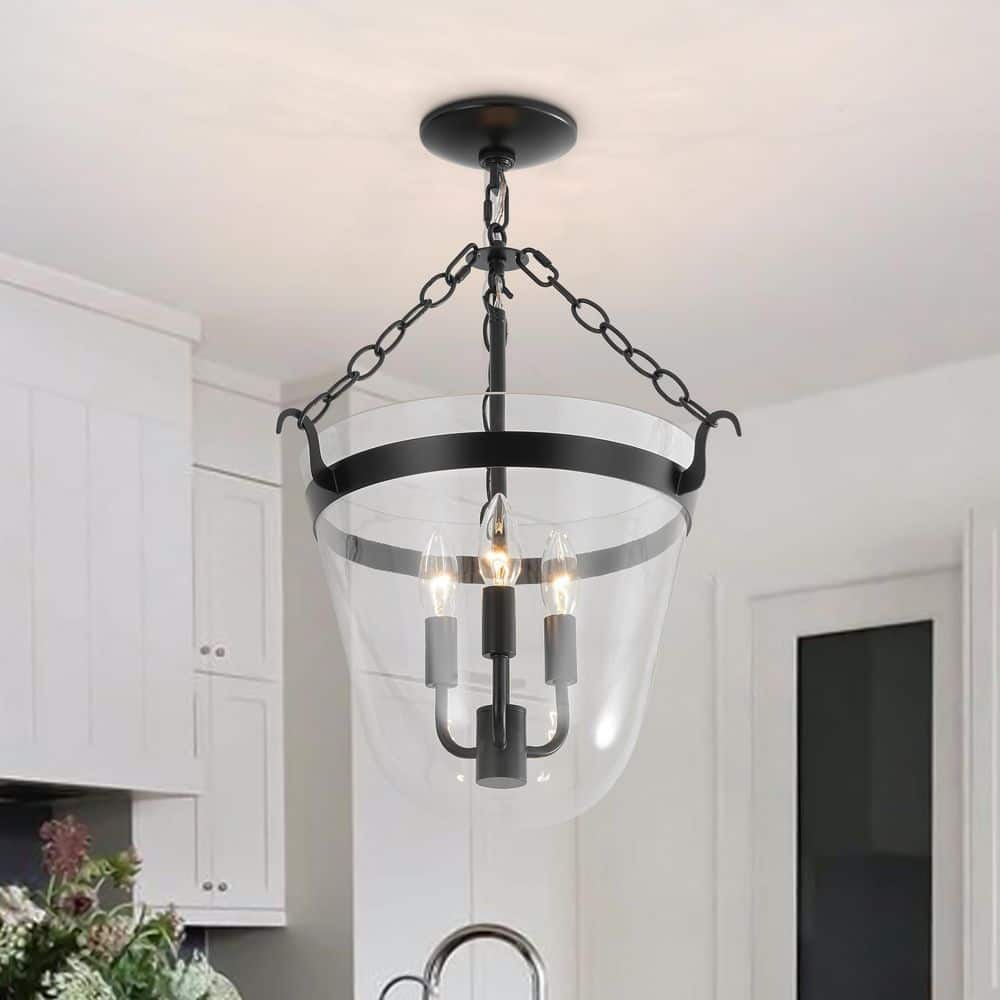 HUOKU Dioz 3-Light 15.7 in. W Matte Black Semi-Flush Mount Clear Glass ...
