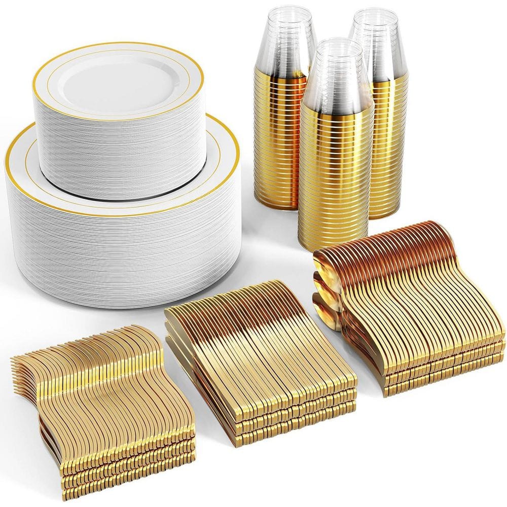 Adrinfly Gold Disposable Plastic Dinnerware Set for 100-Guests (600 ...