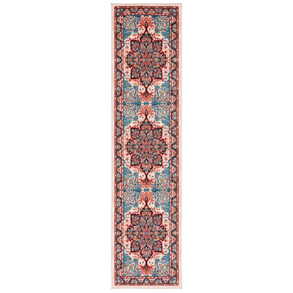 SAFAVIEH Riviera Blue/Beige 2 ft. x 9 ft. Machine Washable Medallion ...