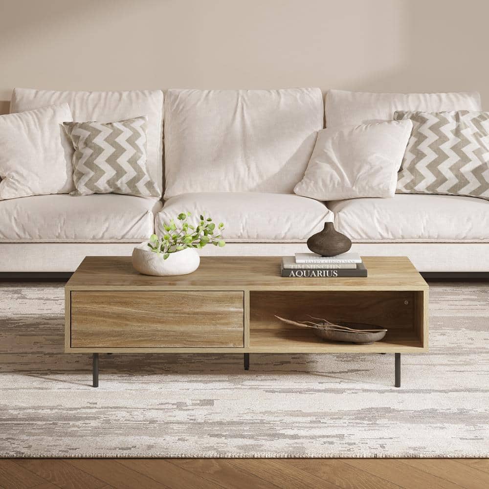 LuxenHome 23.6 in. Brown Mid-Century Modern Wave 1-Drawer Rectangle ...