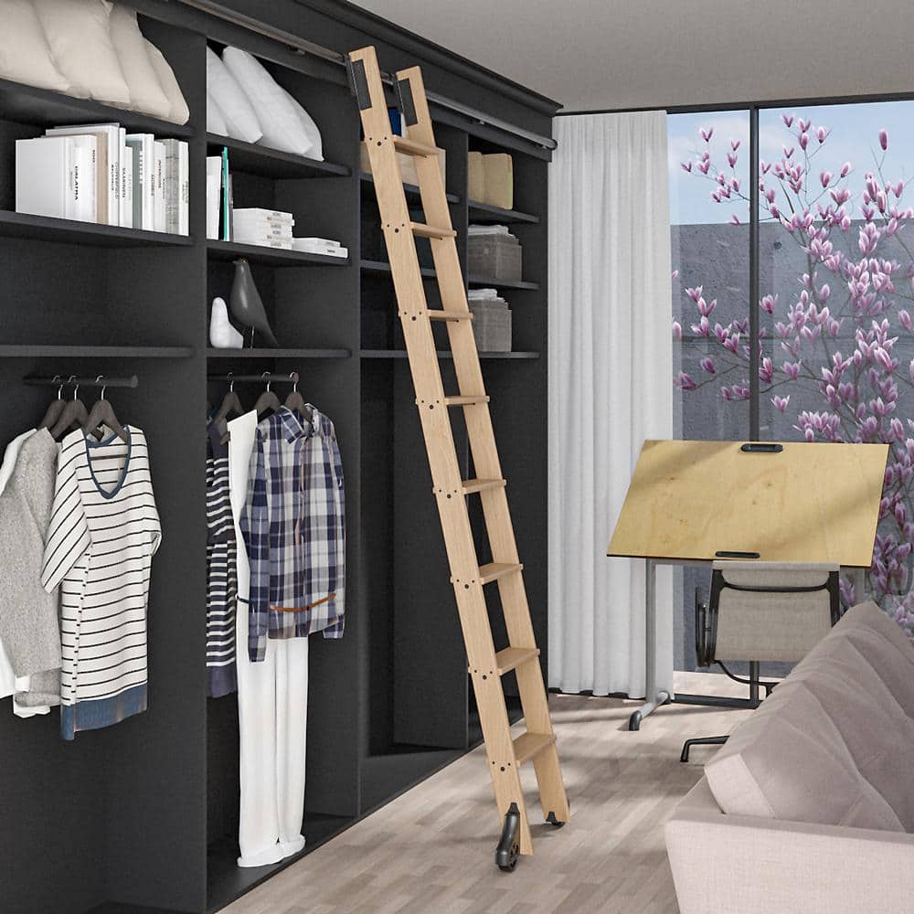 MEADOW LANE 107 in. Clear Pre-Finished Red Oak Library Ladder (119 in ...