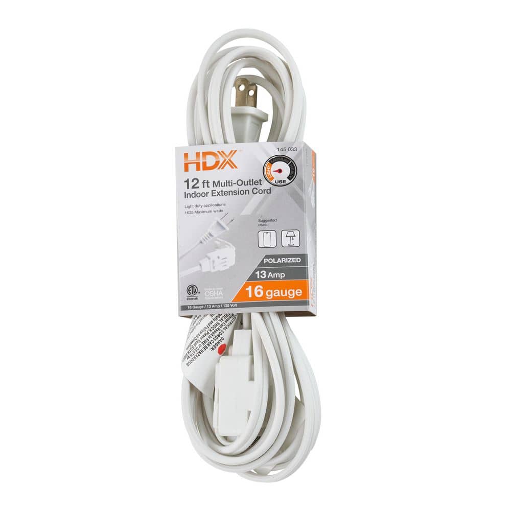 HDX 12 ft. 16/2 Light Duty Indoor Multi-Outlet Extension Cord, White ...