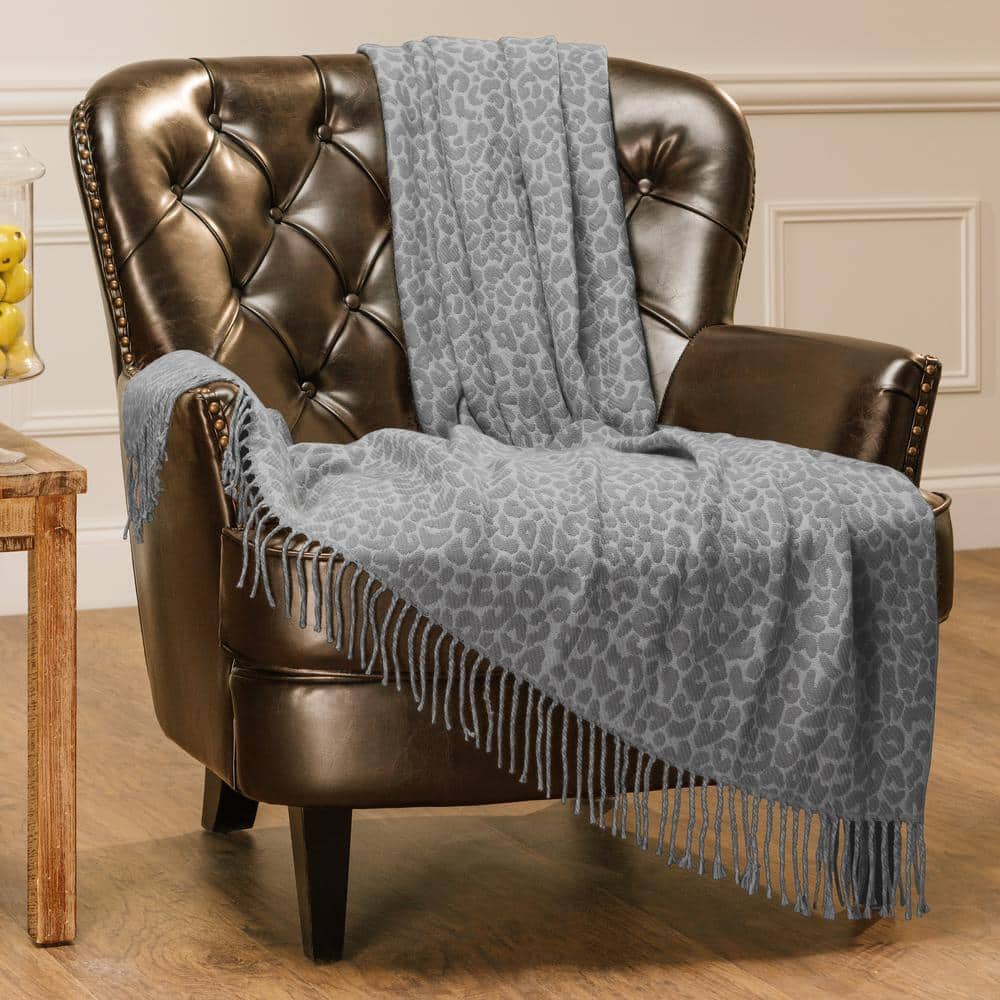 CHANASYA Leopard Print Charcoal Acrylic Throw Blanket with Tassels - 50 ...