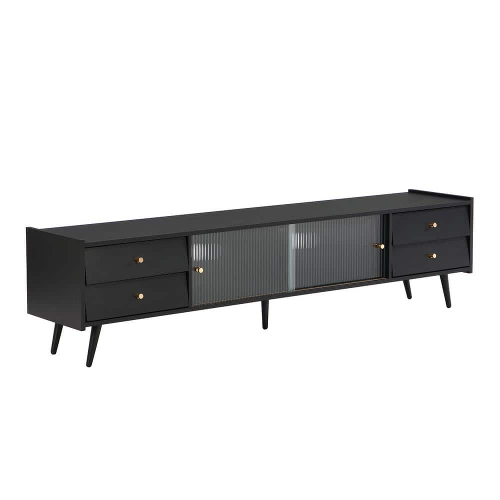 Polibi Black TV Stand Fits TV's up to 70 in. with Sliding Fluted Glass ...
