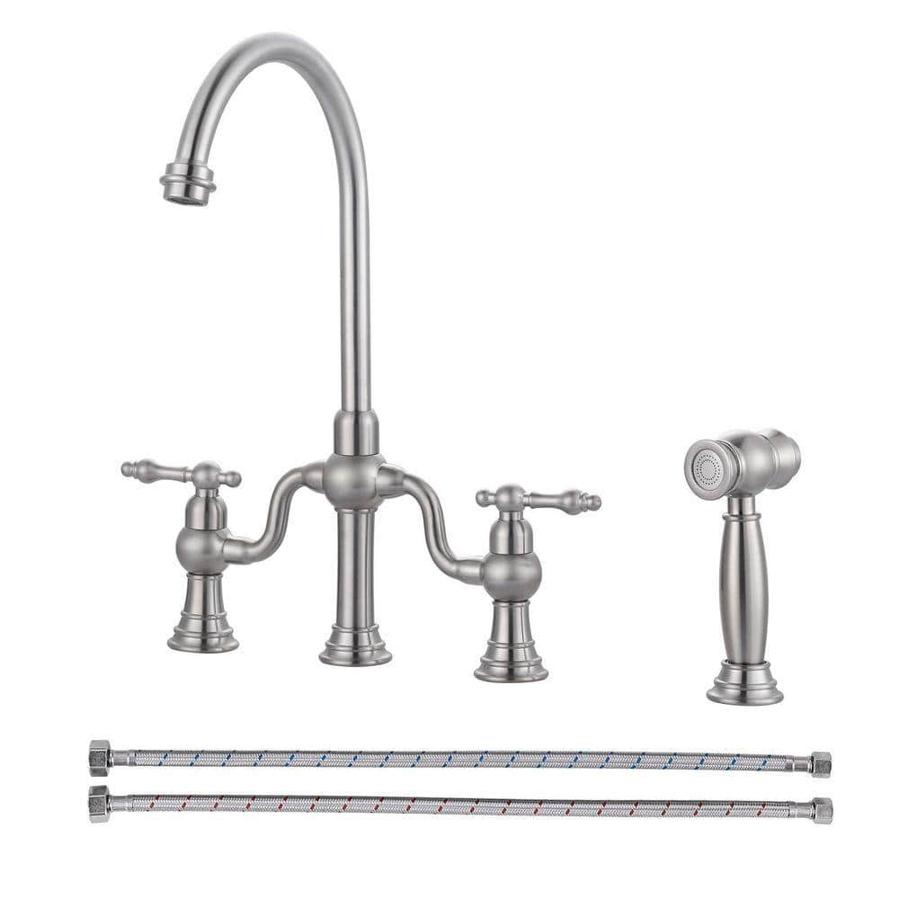 ALEASHA Double Handle High Arc Brass Bridge Kitchen Faucet with Side ...