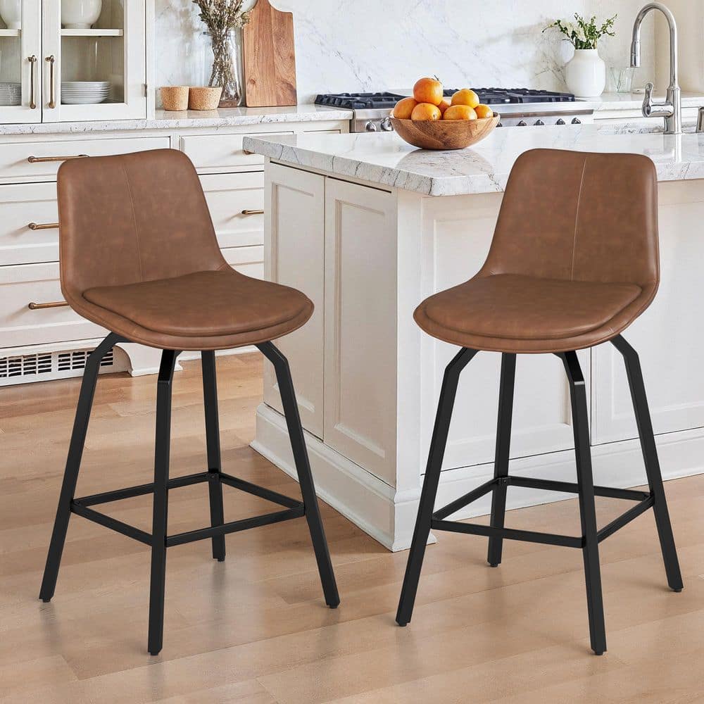 OrangeOne 26 in. YANNIS Brown Faux Leather Swivel Bar Stool Metal Frame ...