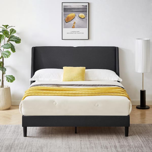 Upholstered Bed Frame with Headboard and Wingback Dark Grey Queen Size Bed Frame Platform Bed with USB and Type C Ports