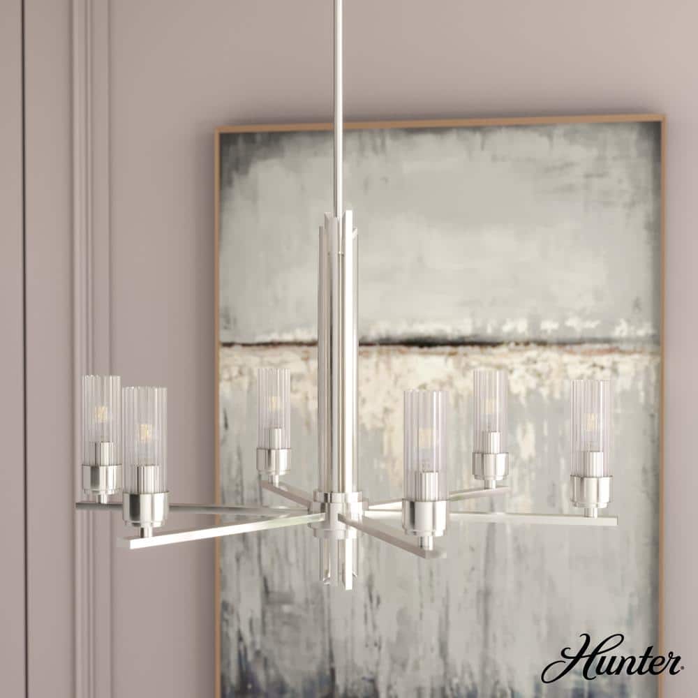 Hunter Gatz 6-Light Brushed Nickel Candlestick Chandelier with Ribbed ...