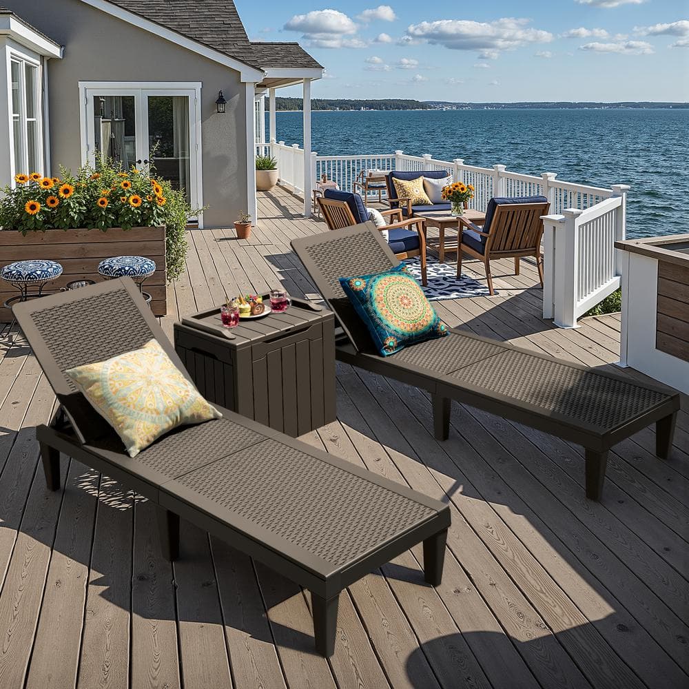 Tozey Brown Plastic Outdoor Chaise Lounge Set of 2 Adjustable Back ...