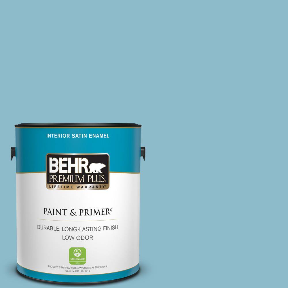 BEHR PREMIUM PLUS 1 gal. #S460-3 Blue Echo Satin Enamel Low Odor ...
