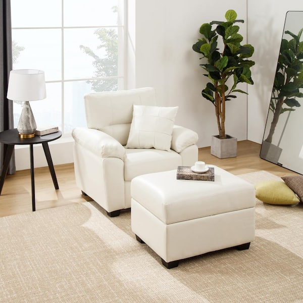 Morden Fort Modern White Rectangle Faux Leather Ottoman with Storage Footrest Stool Coffee Table for Living Room G101 WHITE OT