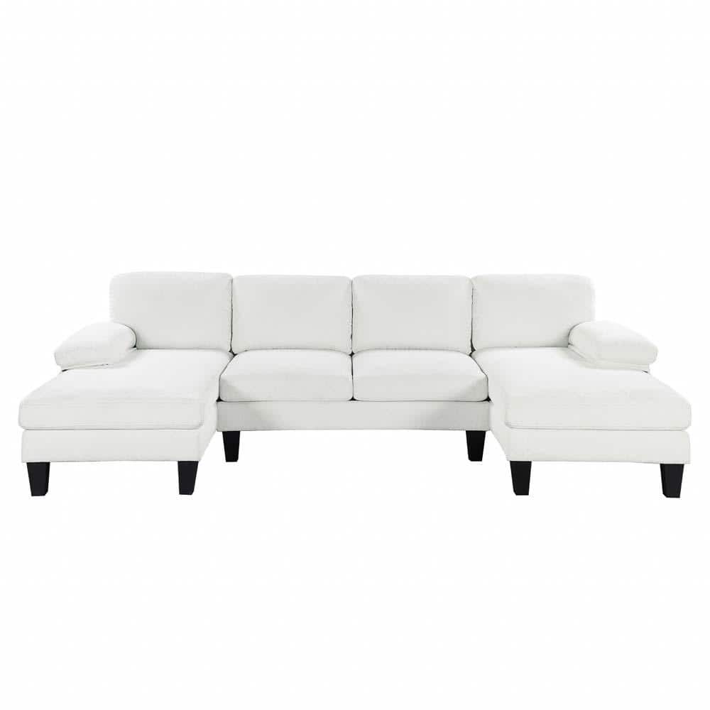 wetiny 112 in. Pillow Top Arm Velvet U-Shaped Sofa in Beige D ...