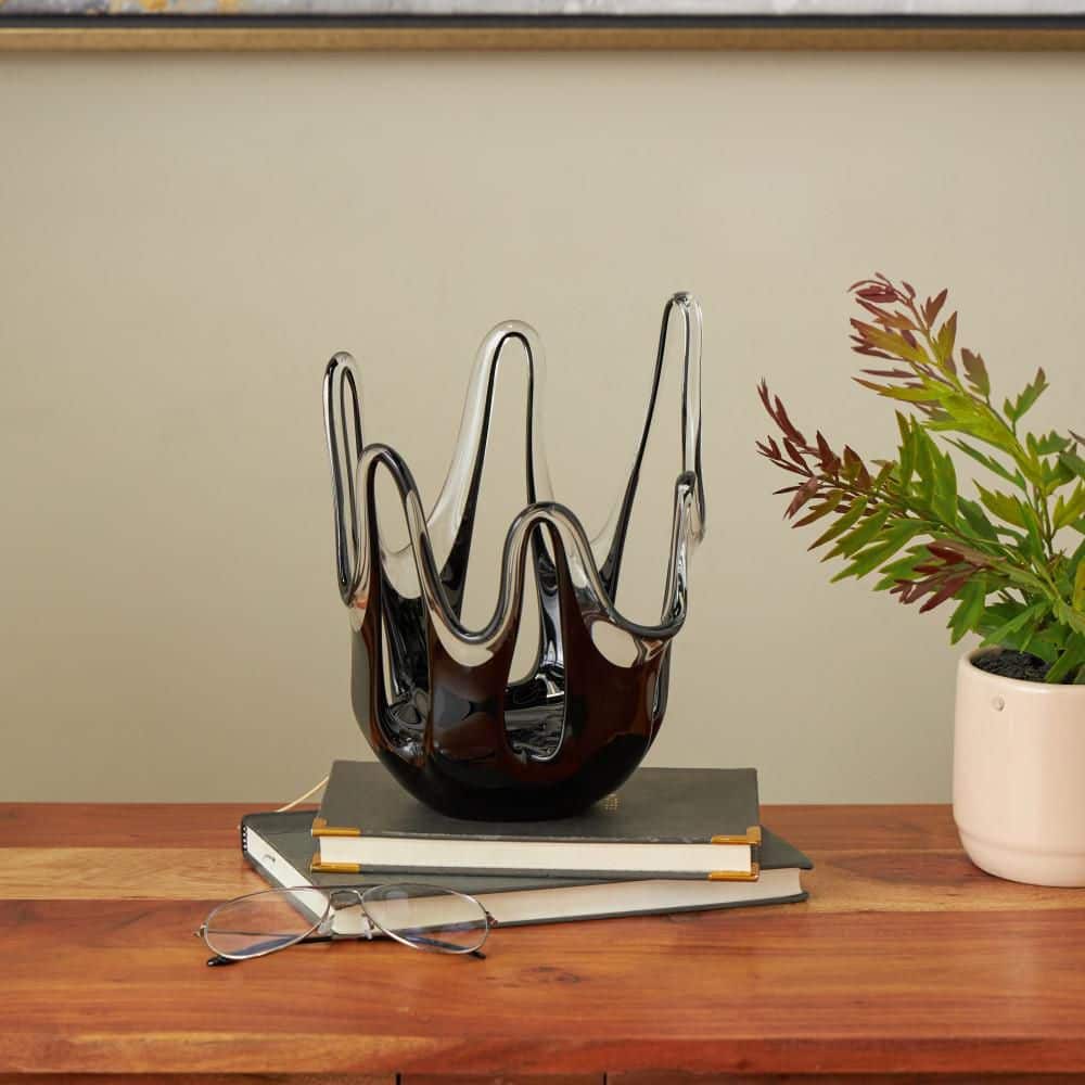 Litton Lane 10 in. Black Glass Abstract Decorative Geometric Vase with ...