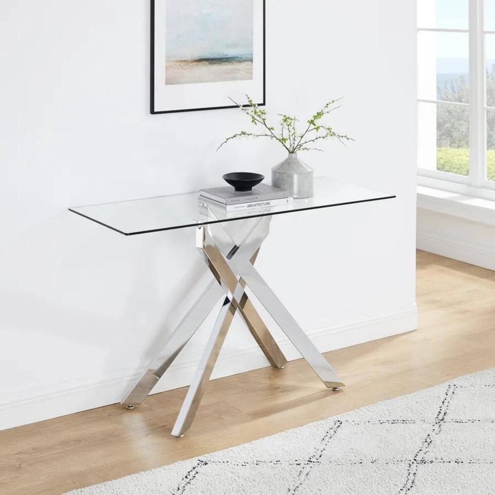 EDYO LIVING 45 in. Silver Rectangle Glass Top Console Table with Modern ...