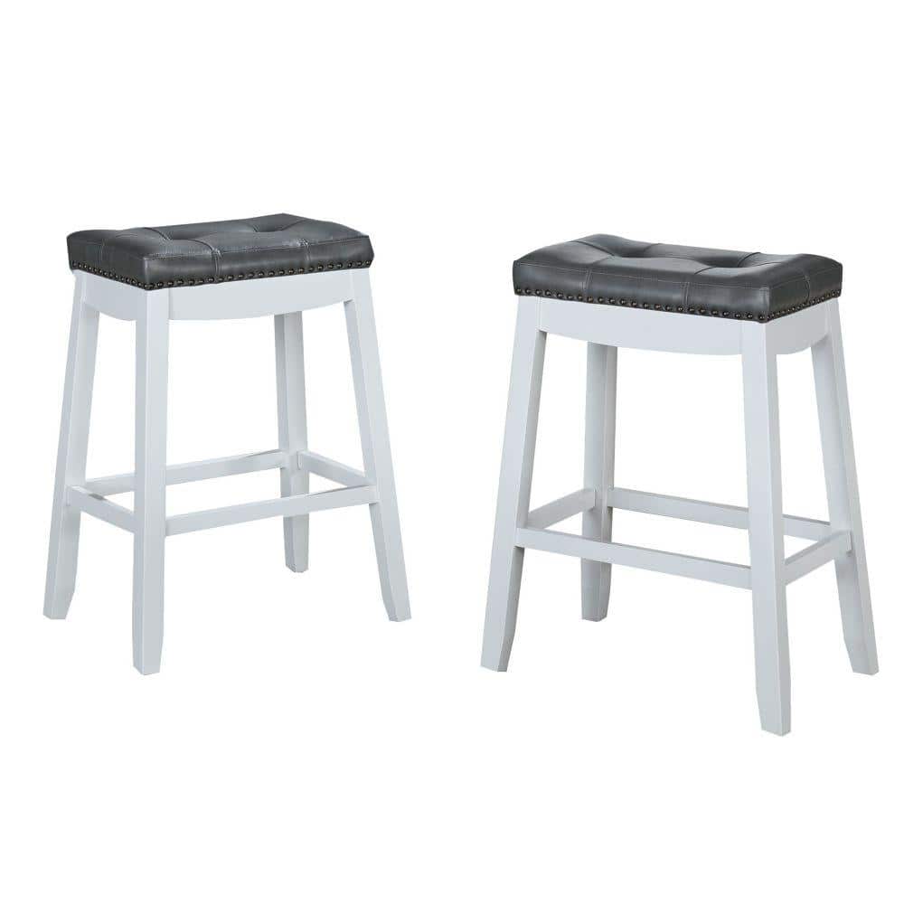 Benjara 24 in. White and Gray Low Back Wood Frame Bar Height stool with ...