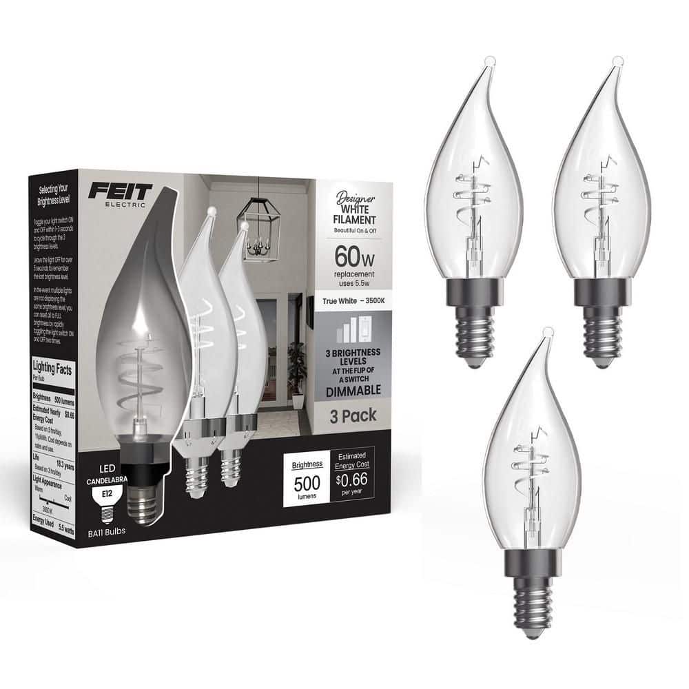 Feit Electric 60W Equivalent BA11 E12 Candelabra Switch to Dim White ...