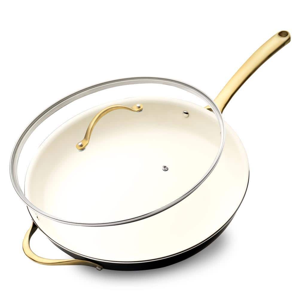 NutriChef 1 Piece 14 '' Ceramic Non-Stick Frying Pan in White with Lid ...