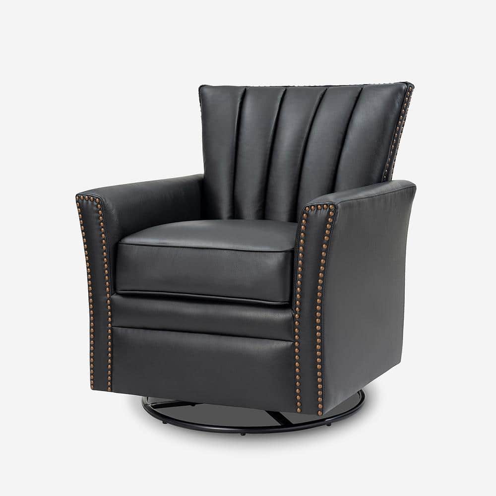JAYDEN CREATION Adela Black Genuine Leather Swivel Rocking Chair with ...