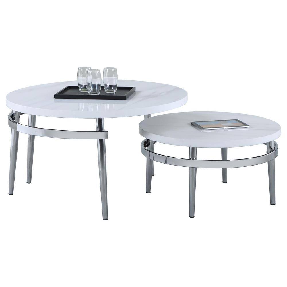Coaster Avilla 35.75 in. White and Chrome Round Faux Carrara Marble ...