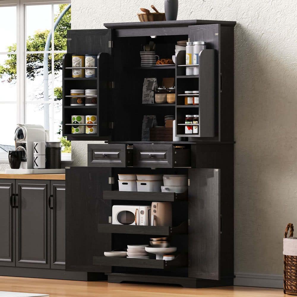 Bezeit 71 in. Tall Black Wood Kitchen Pantry Cabinet with 3 Pull Out ...