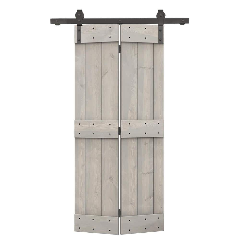 CALHOME 20 in. x 84 in. Mid-Bar Series Solid Core Silver Gray Stained DIY Wood Bi-Fold Barn Door ...
