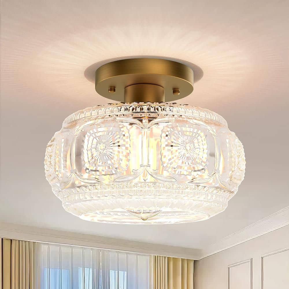 9 in. 1-Light Gold Semi Flush Mount Ceiling Light with Crystal Glass ...