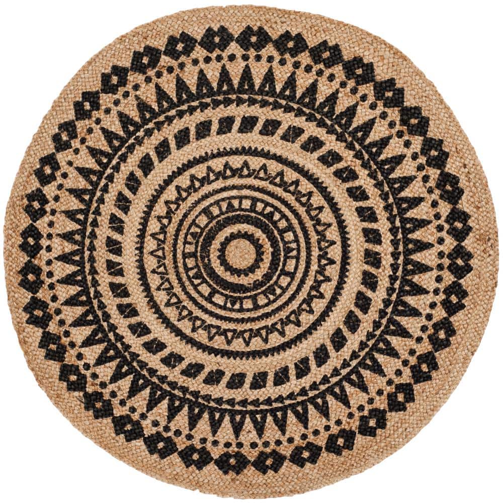 SAFAVIEH Natural Fiber Black/Beige 4 ft. x 4 ft. Round Border Area Rug ...