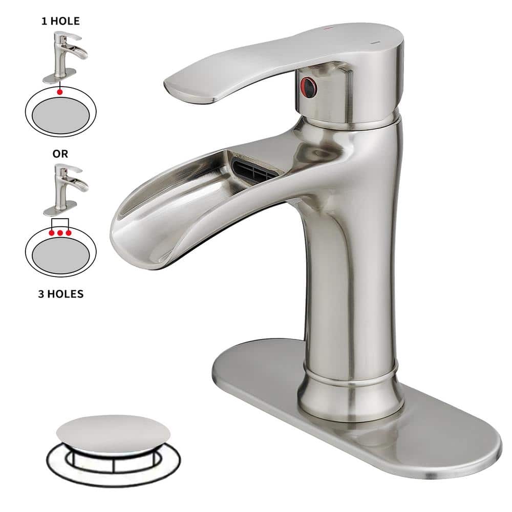 HOMEMYSTIQUE Single Handle Waterfall Vanity Faucet in Brushed Nickel ...