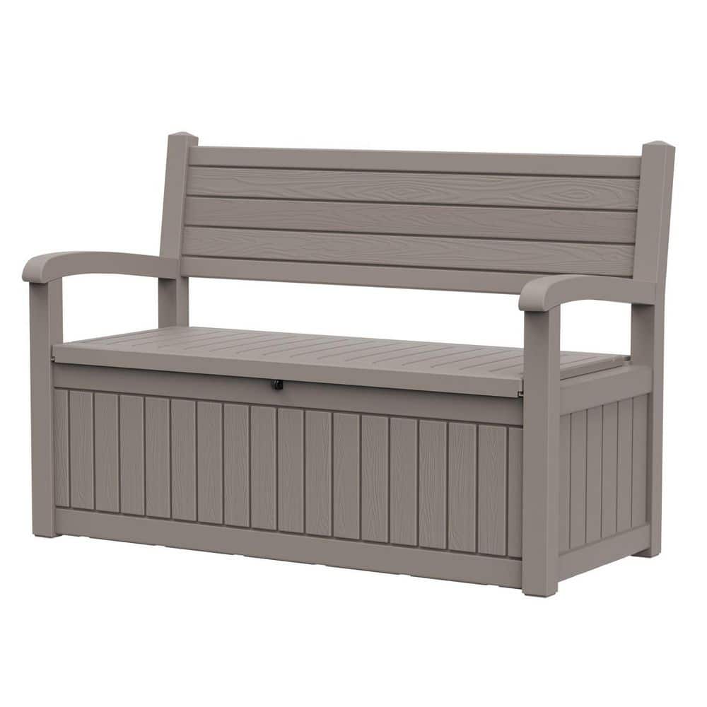 70 Gal. Brown Resin Outdoor Storage Bench Deck Box with Armrest Bench ...