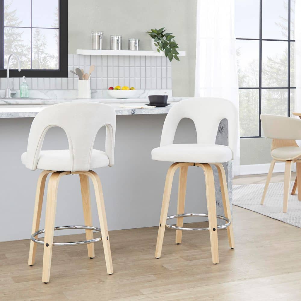 Lumisource Ava Upholstered 38.5 in. Natural Wood and Snow White Fabric ...