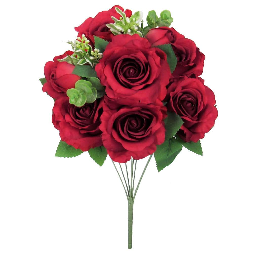 LIVING LUXURY 20 in. Deluxe Red Artificial Sweet Rose Flower Stem Bush ...