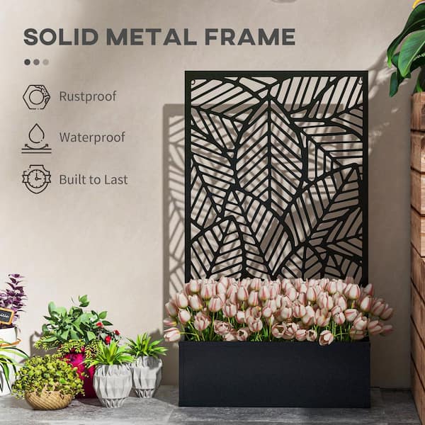 Outsunny Outdoor Privacy Screen with Planter Box, Black, Metal Privacy ...