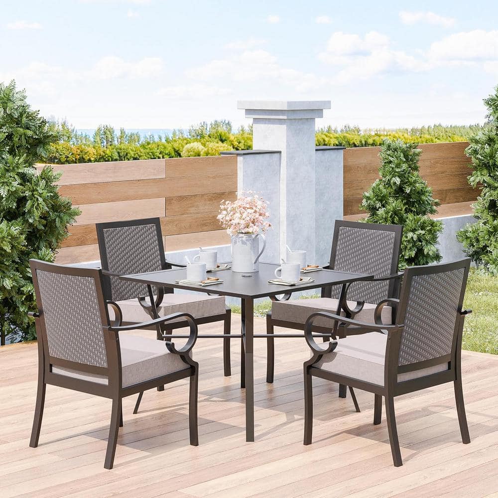 Halmuz 5-Piece Metal Patio Outdoor Dining Set with Rattan Woven Backrest,4 Chairs, Large Table ...