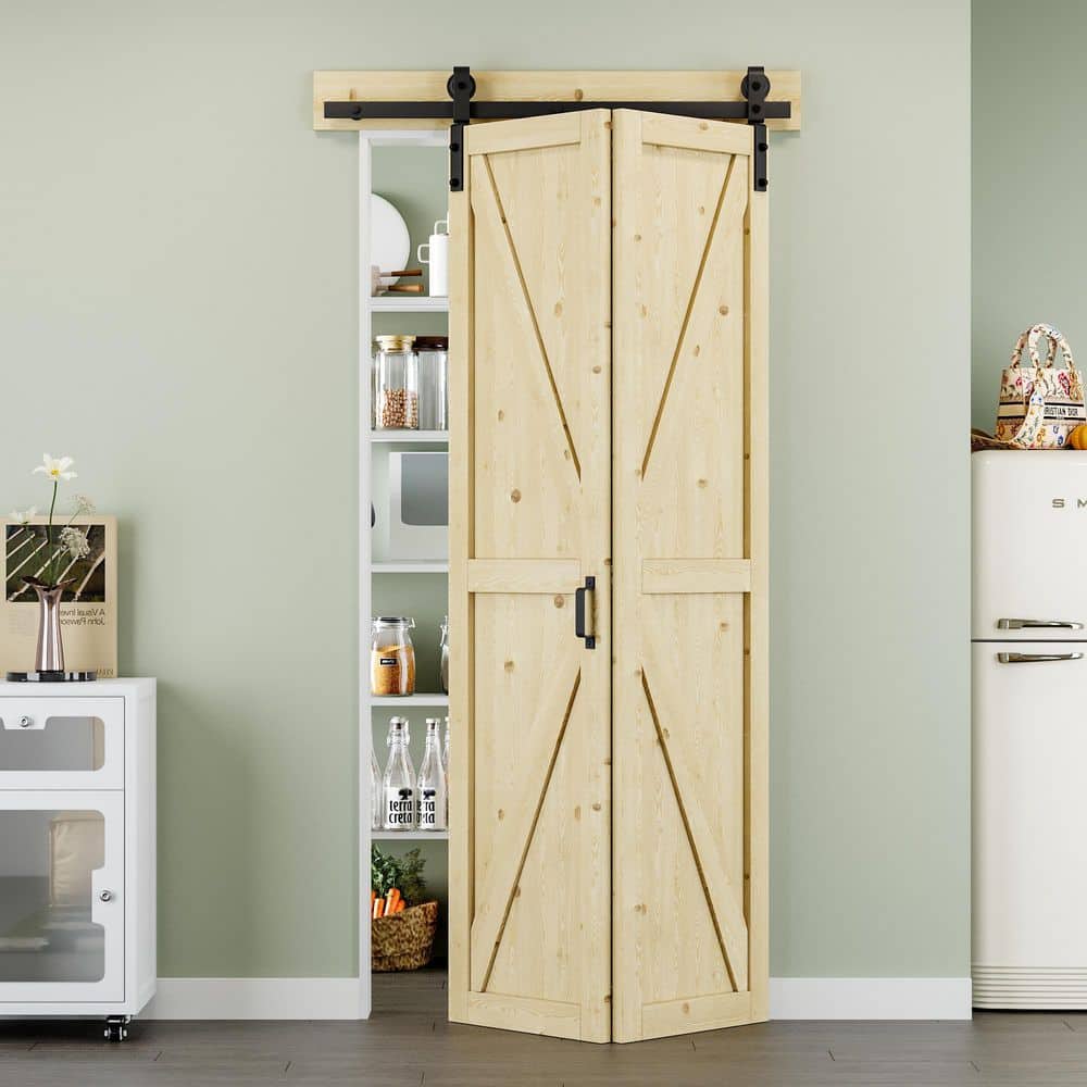 EH PUERTA 40 in. x 84 in. Paneled K Shape Solid Pine Wood Unfished Bi-fold Sliding Barn Door ...