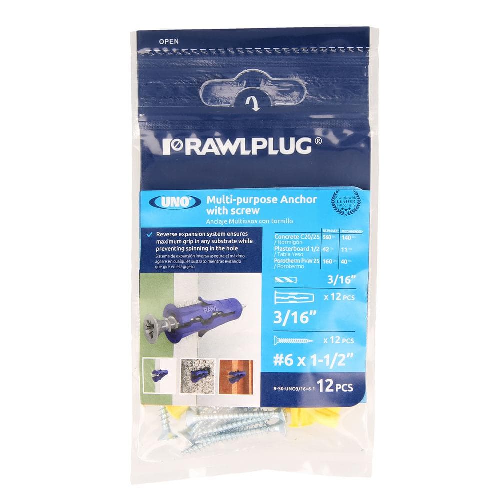 RAWLPLUG Uno Multi-Purpose Drywall Anchors 3/16 with Screws #6 x 1-1/2 ...