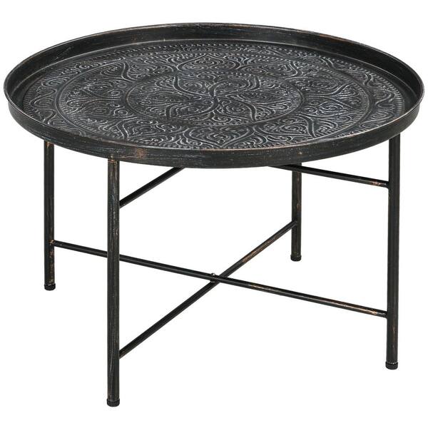 Pewter Metal Round Coffee Table with Hammered Tray Top, Vintage Center ...