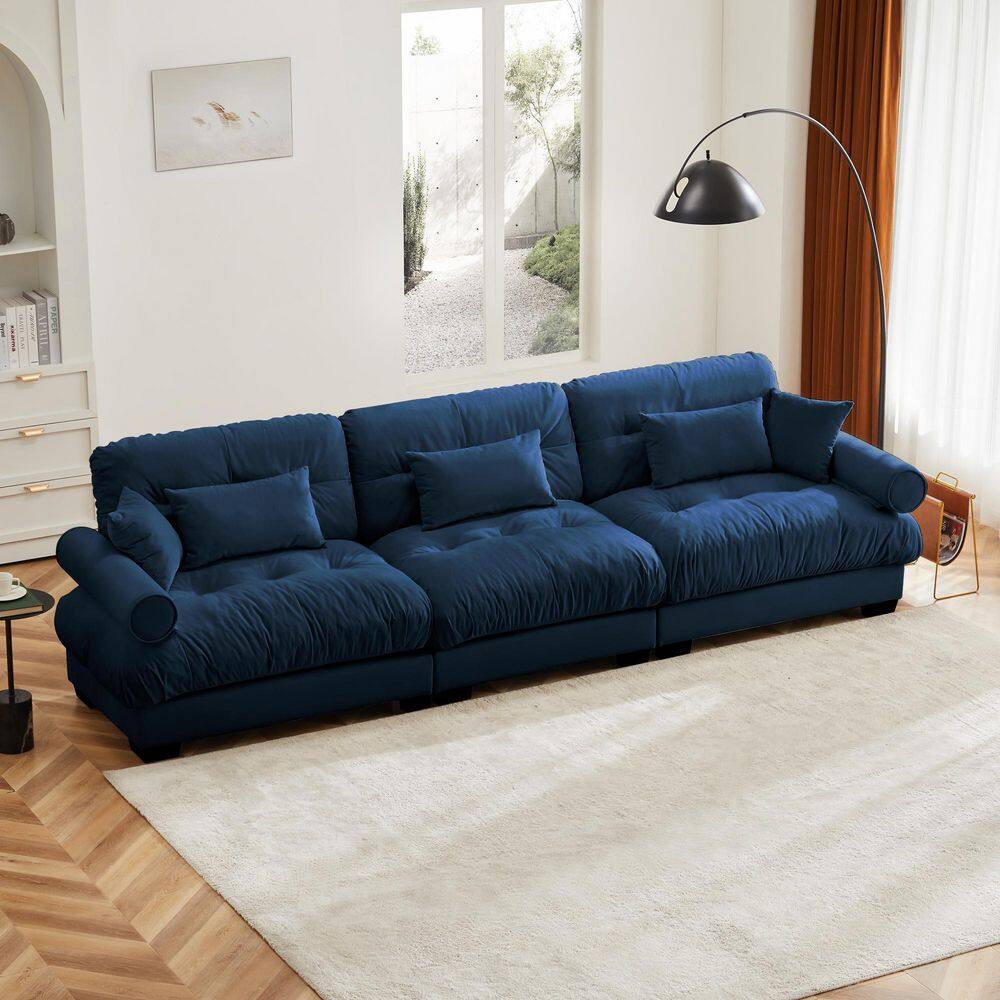 Homy Casa BREAD 130 in. Rolled Arm Velvet 3-Seater Rectangle Cloud Look ...