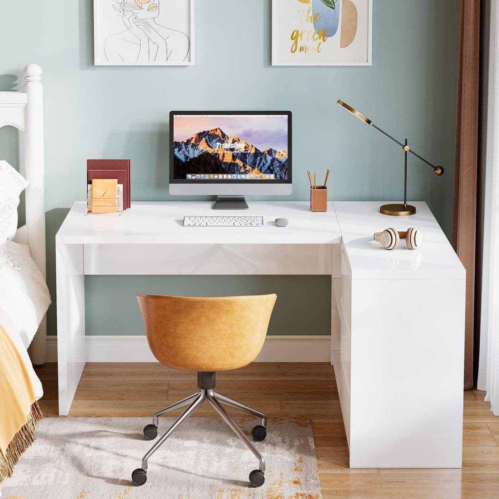 BYBLIGHT Lanita 55 in. L-Shaped White Wood with 3-Drawer Computer Desk ...