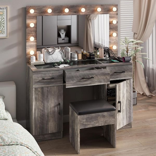 Gray makeup vanity with mirror store