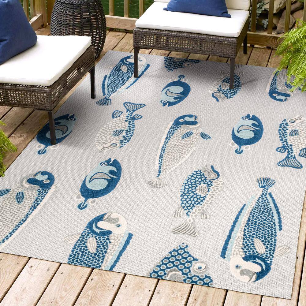 JONATHAN Y Nerja Coastal Fish High-Low Gray/Navy 4 ft. x 6 ft. Indoor ...