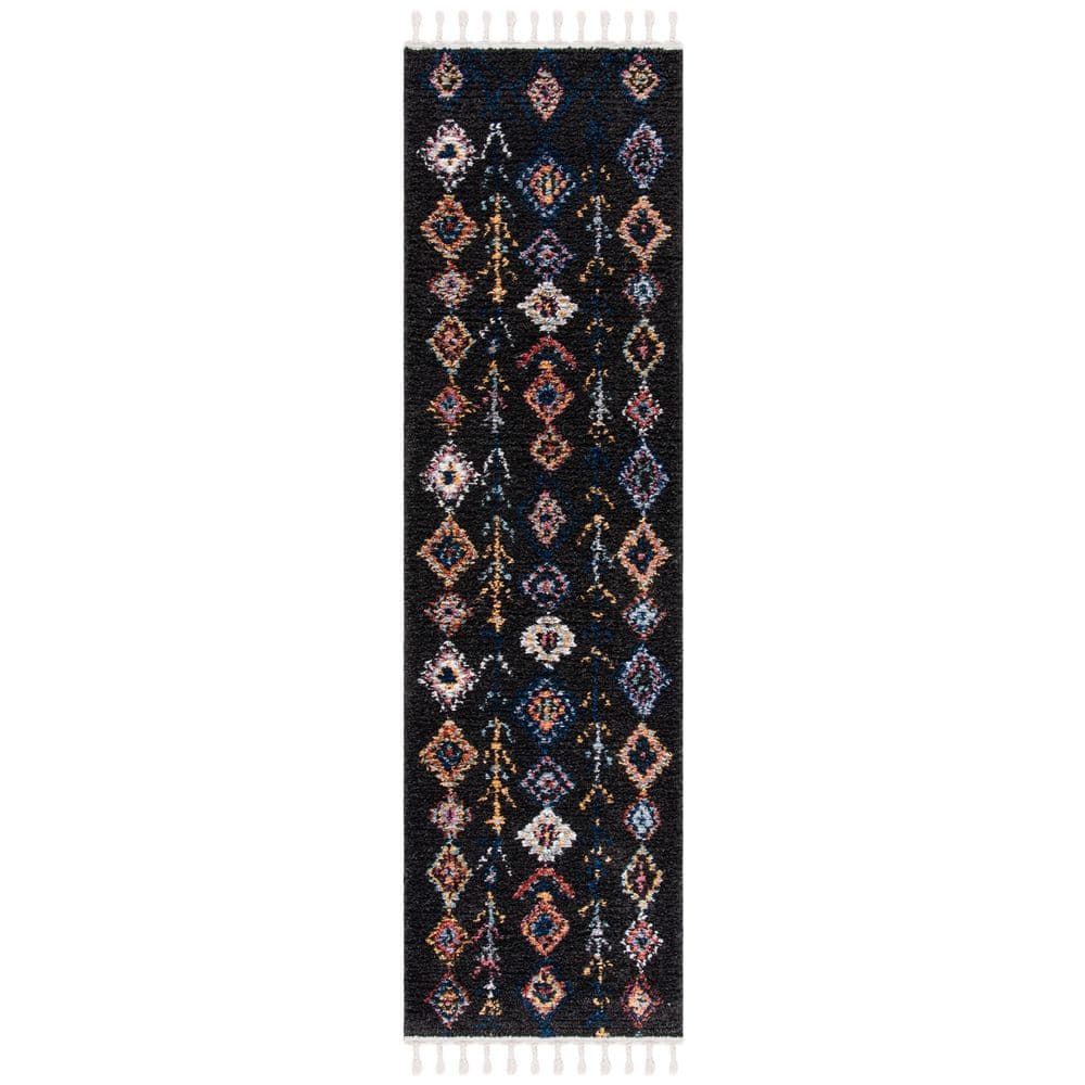 SAFAVIEH Morocco Black/Navy 2 ft. x 8 ft. Diamond Flokati Runner Rug ...