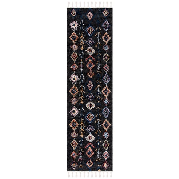 SAFAVIEH Morocco Black/Navy 2 ft. x 8 ft. Diamond Flokati Runner Rug ...