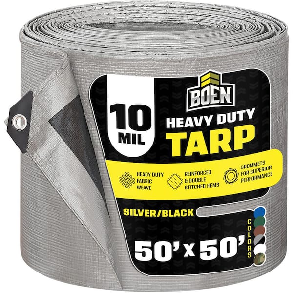 BOEN 50 ft. x 50 ft. Heavy-Duty Commercial Silver/Black Tarp Cover 10 ...