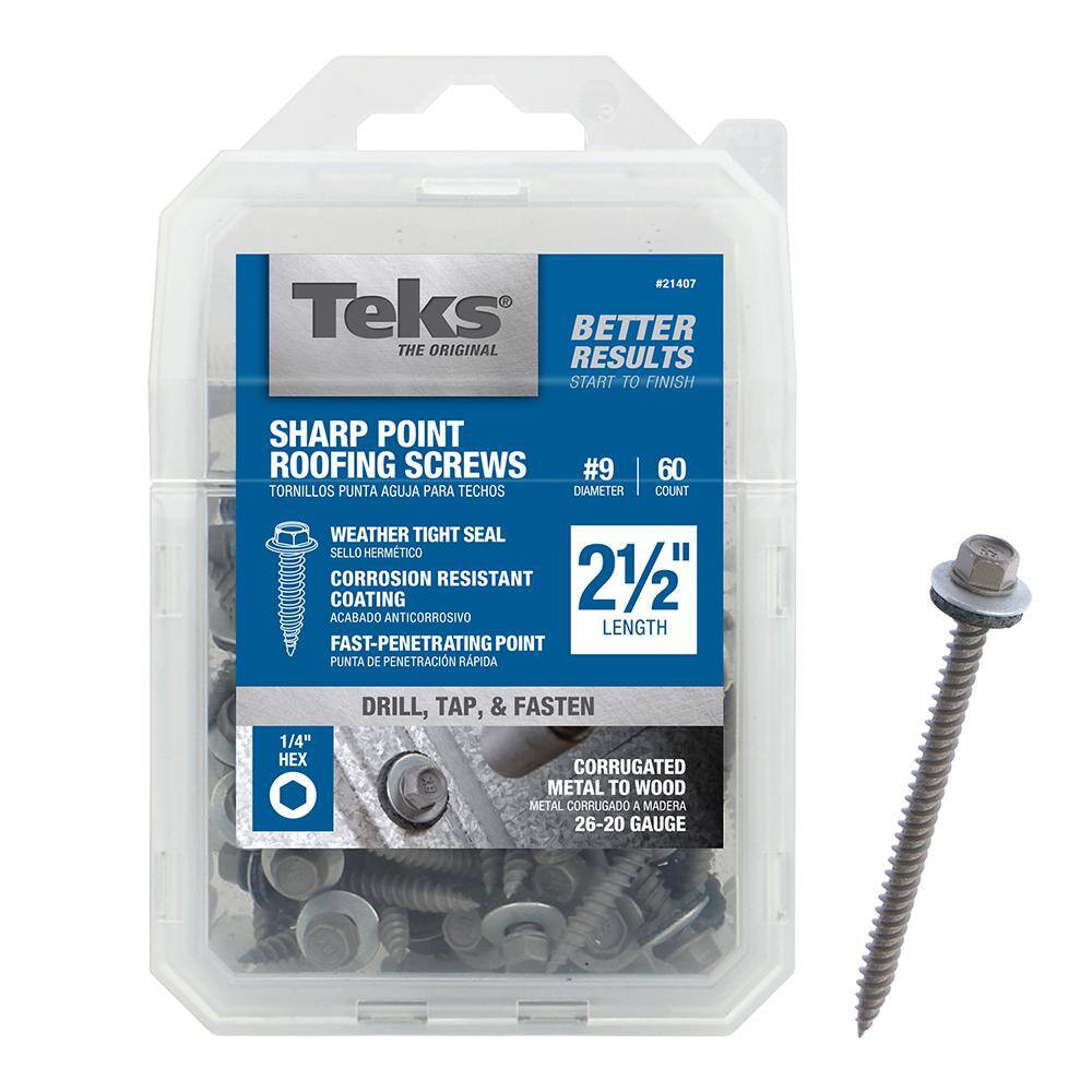 Teks #9 x 2-1/2 in. External Hex Washer Head Sharp Point Roofing Screws ...