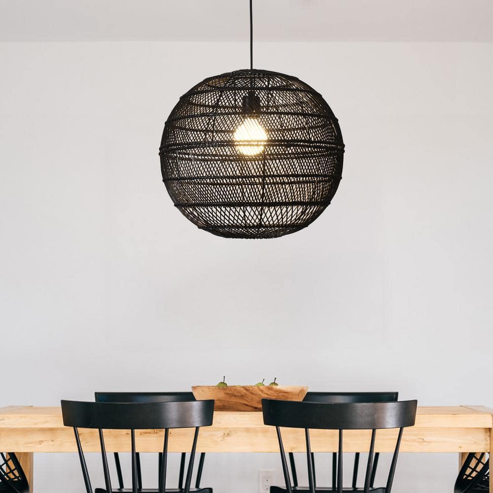 ZJVAIVE 1-Light Black Globe Adjustable Pendant Light with Rattan Shaded ...