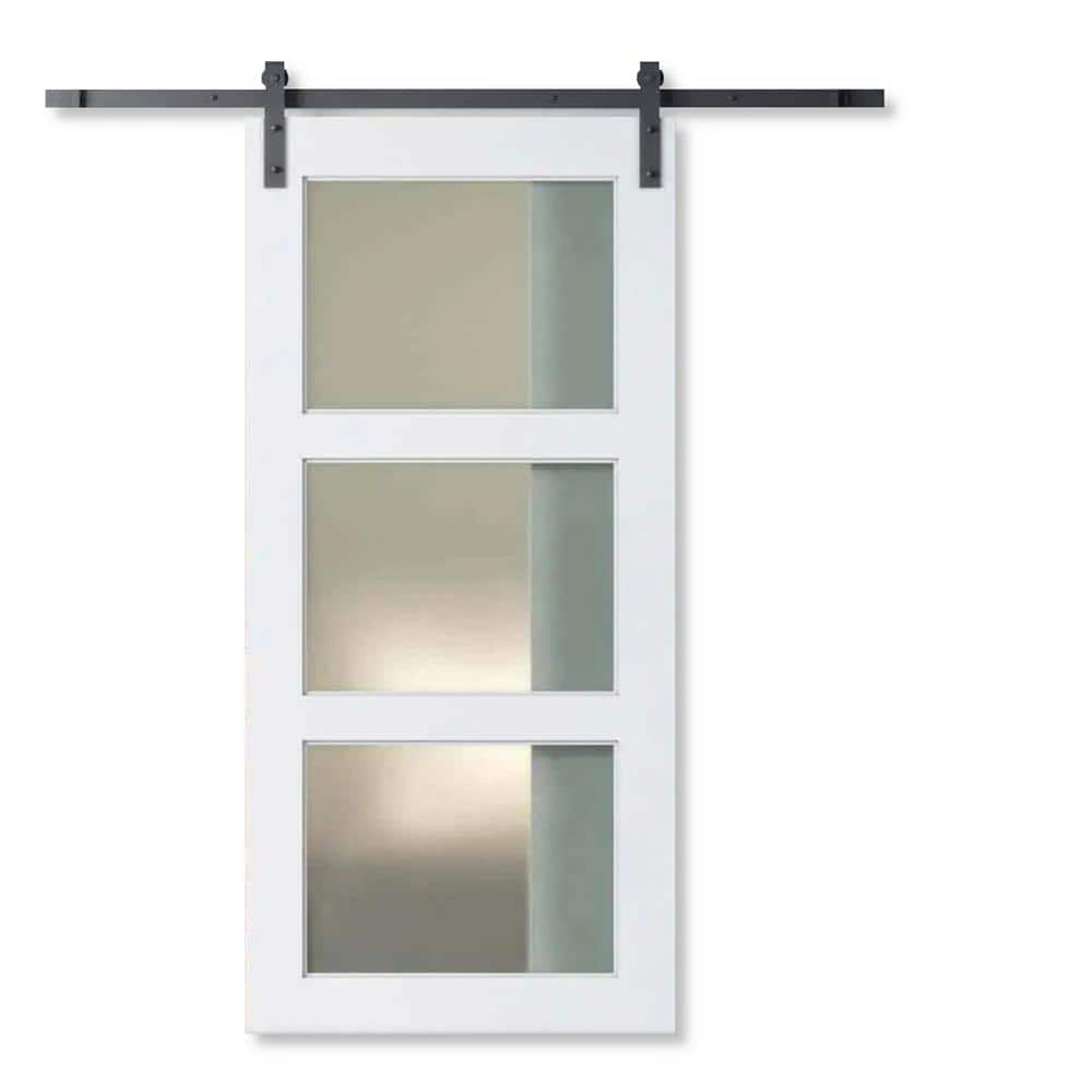 Urban Woodcraft 83 in. x 40 in. 3-Panel Frosted Glass, White Wood Barn ...