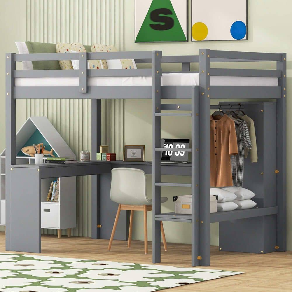 Polibi Gray Twin Size Wood Loft Bed with L-shaped Desk, Wardrobe and Storage Shelves RD14 ...